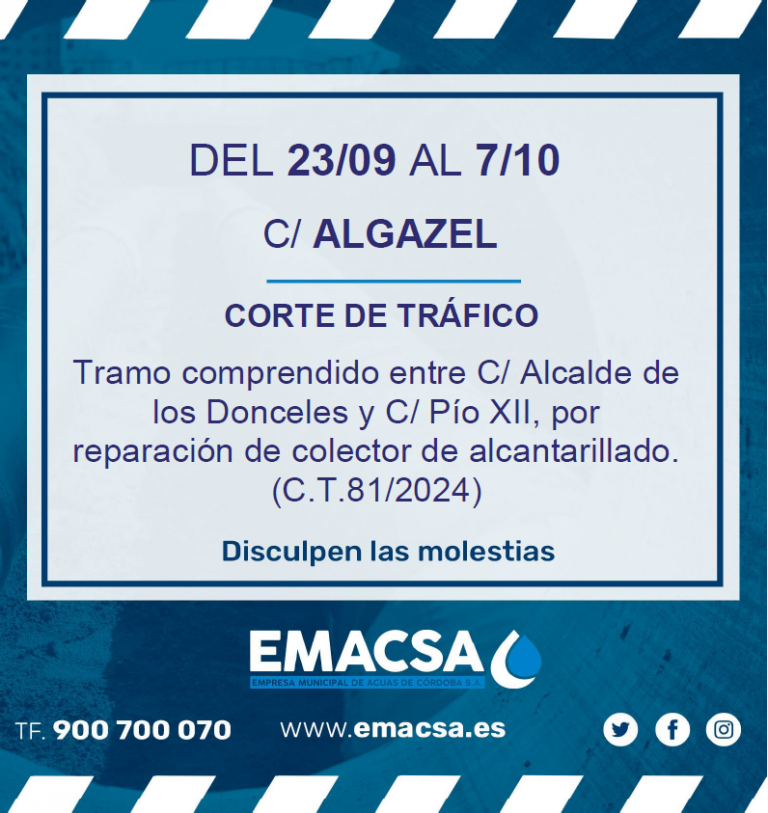 C/ Algazel – Corte de tráfico – Trabajos en la red de saneamiento | EMACSA
